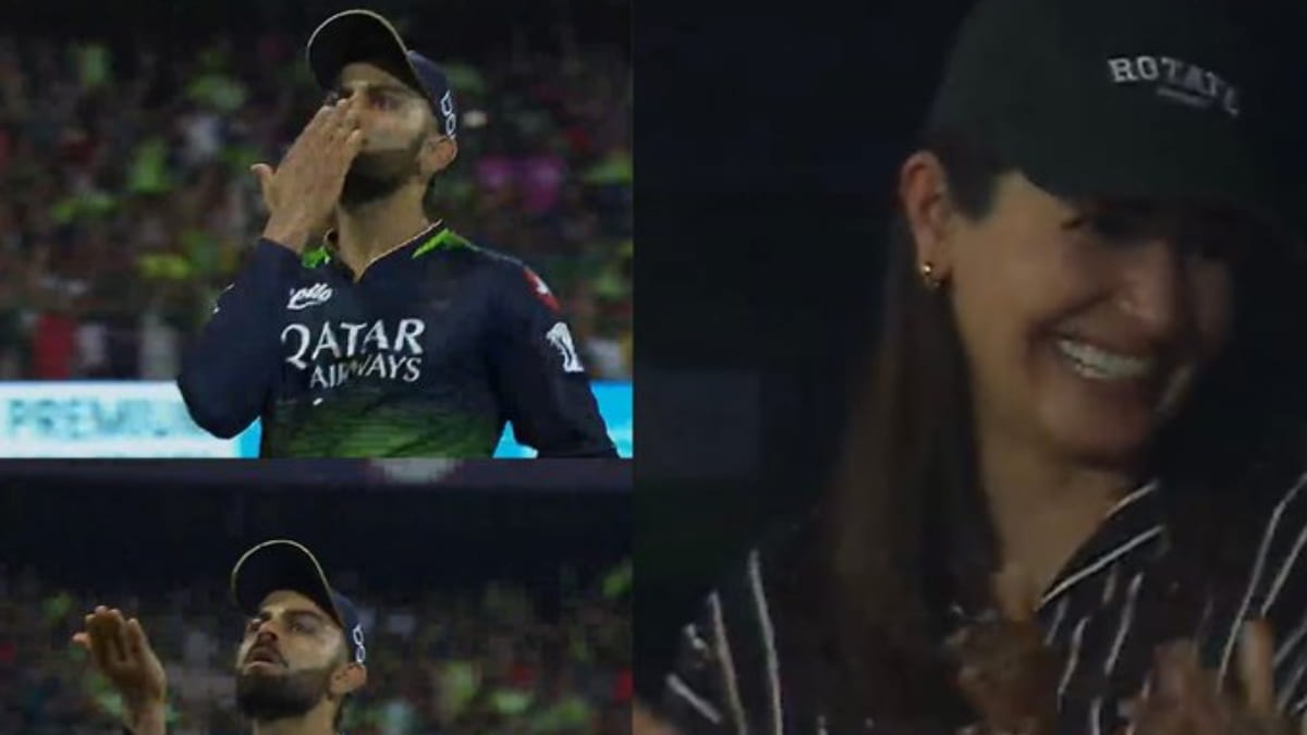 Virat Kohli gives a flying kiss to Anushka Sharma after completing 100 IPL catches; her reaction ...